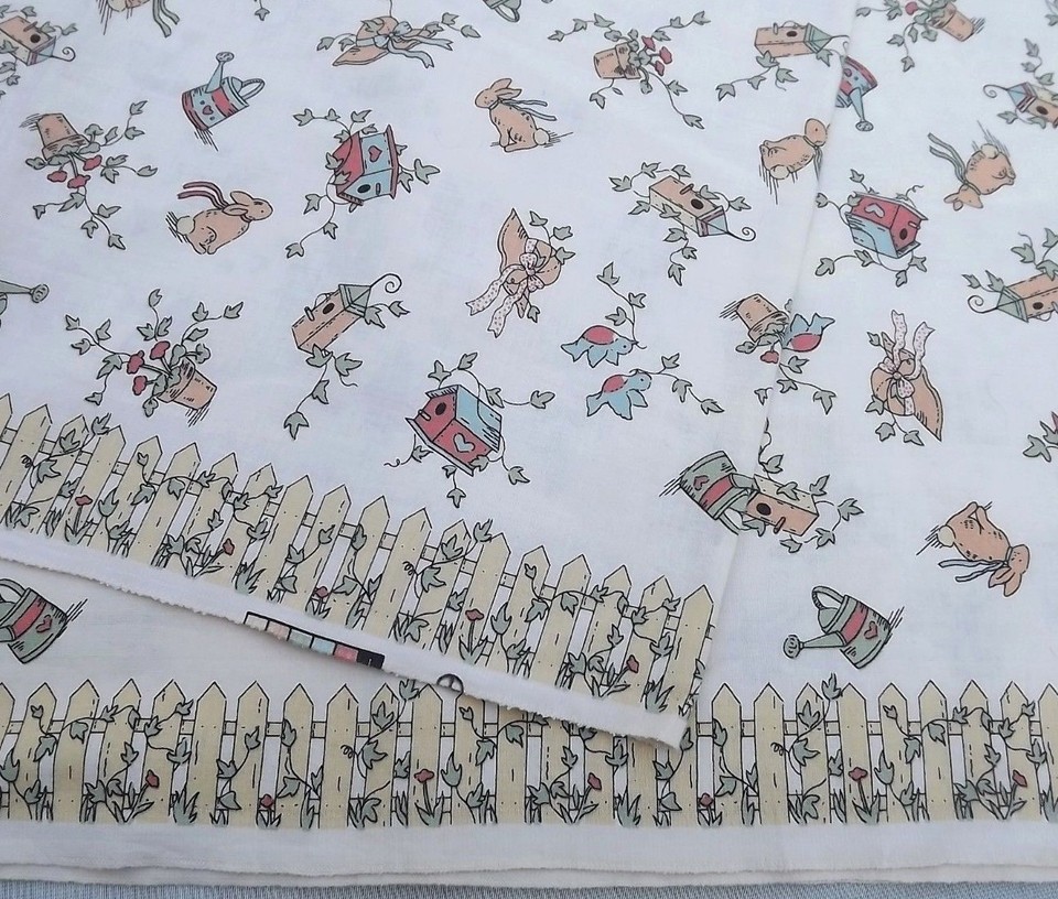 Fabric Picket Fence Double Border Print Birdhouses Rabbits Hats Yardage ...