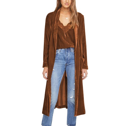 M Women Loose Long Velvet Coat Open Front Pure Color Coat Back Split ...