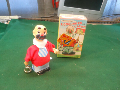 Vintage Wind Up Mechanical Clown Long-Neck Circus Ring Bell Box tin toy ...