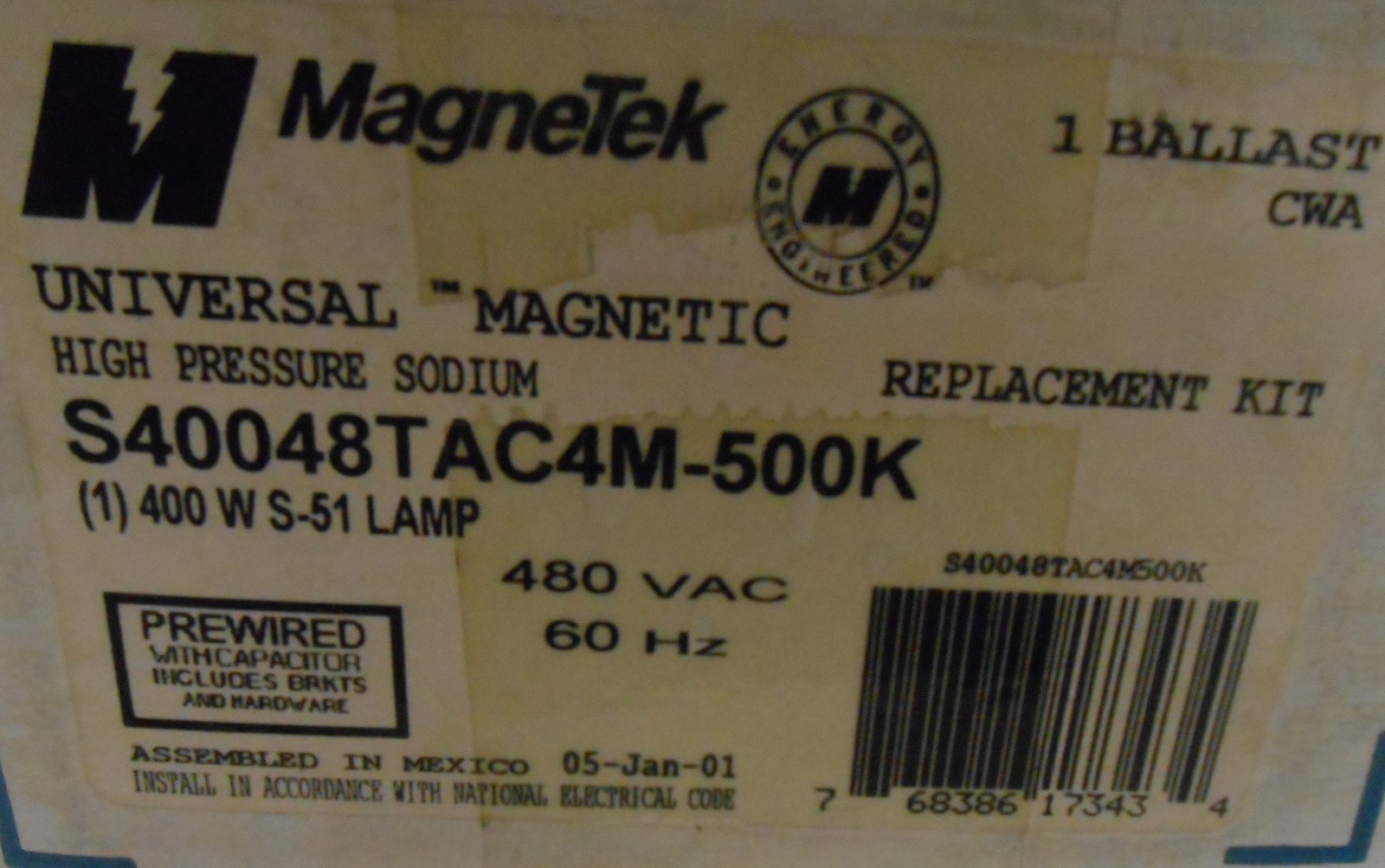 MAGNETEK, HIGH PRESSURE SODIUM REPLACEMENT KIT, S40048TACM500K, 480VAC ...