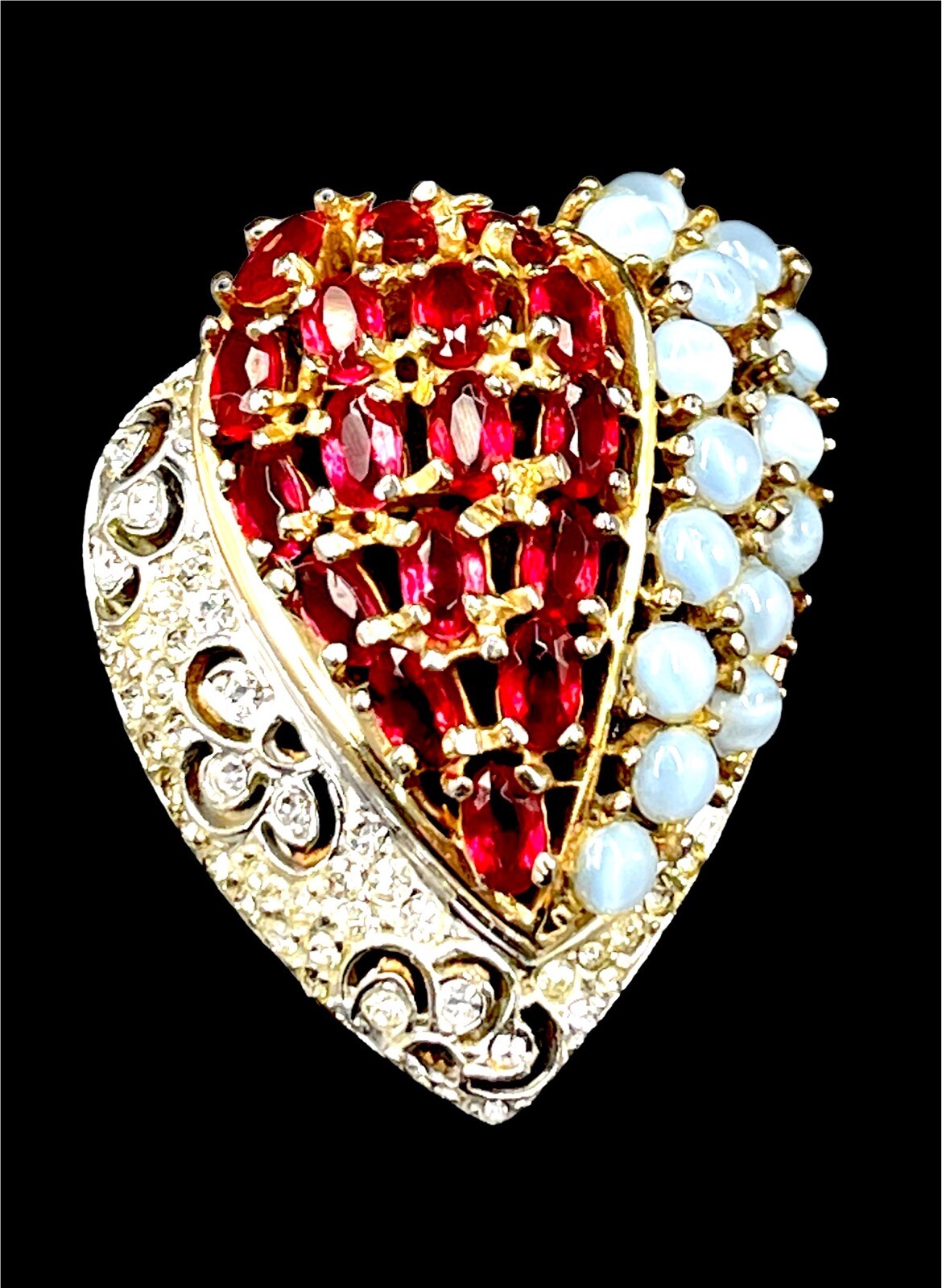 RARE REJA 1940’S VERMEIL STERLING RUBY RHINESTONE MOO… - Gem