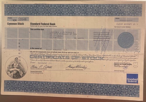 Vintage 1980s Standard Federal Bank Stock Certificate, Troy, MI Icon ...