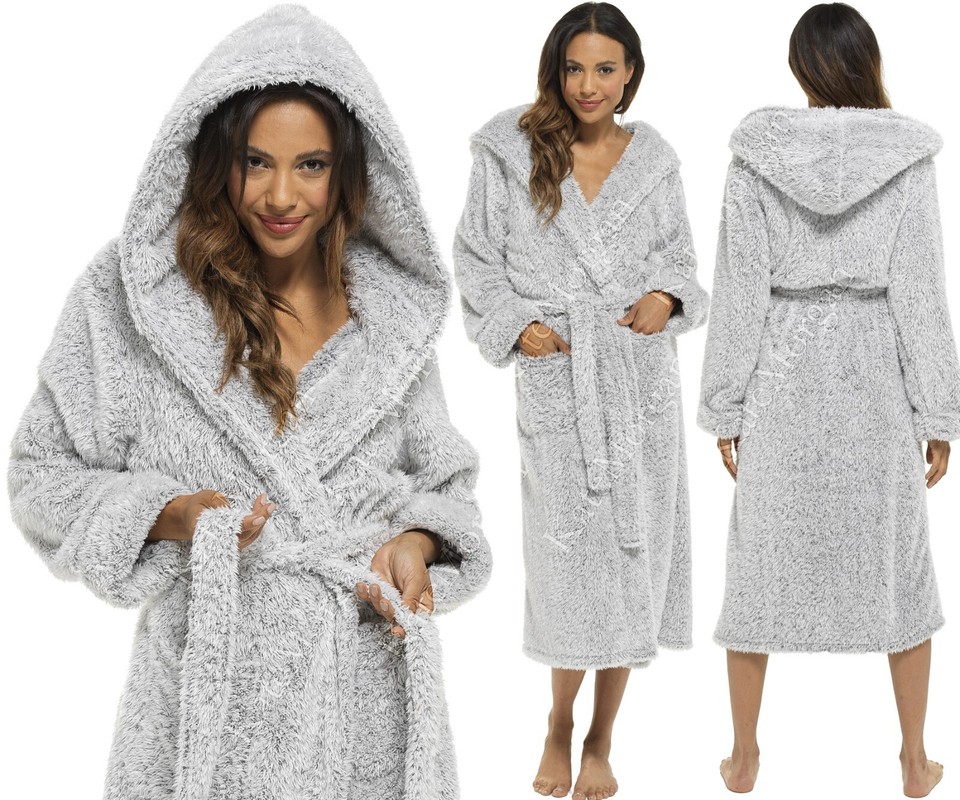 LADIES DRESSING GOWN SOFT & COSY SHIMMER SNUGGLE HOODED FLEECE ROBE ...