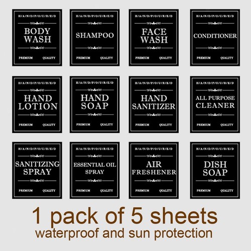 Bathroom Bottle Labels Shampoo Dispenser Labels (Black) Body Wash ...