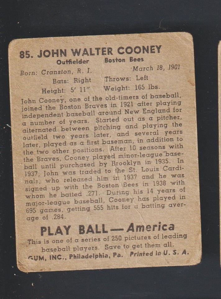 1939 PLAYBALL #85 JOHN W. COONEY Baseball CARD BOSTON Bees Rookie Card ...