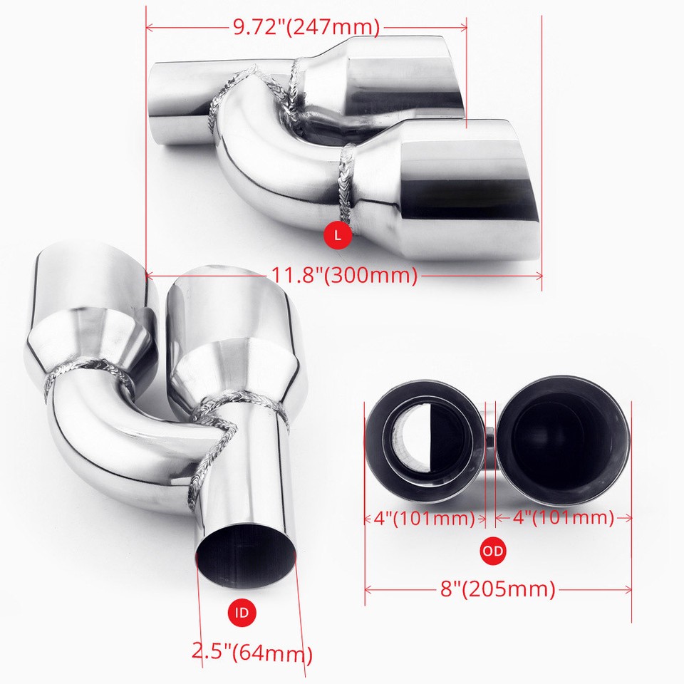 Pair 2.5" inlet Twin 4" Dual Wall Staggered Outlet Exhaust Tips ...