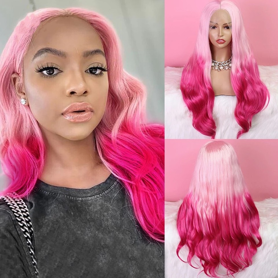 Long Body Wavy Lace Front Wigs Pink to Rose Two Tone Synthetic Wig ...