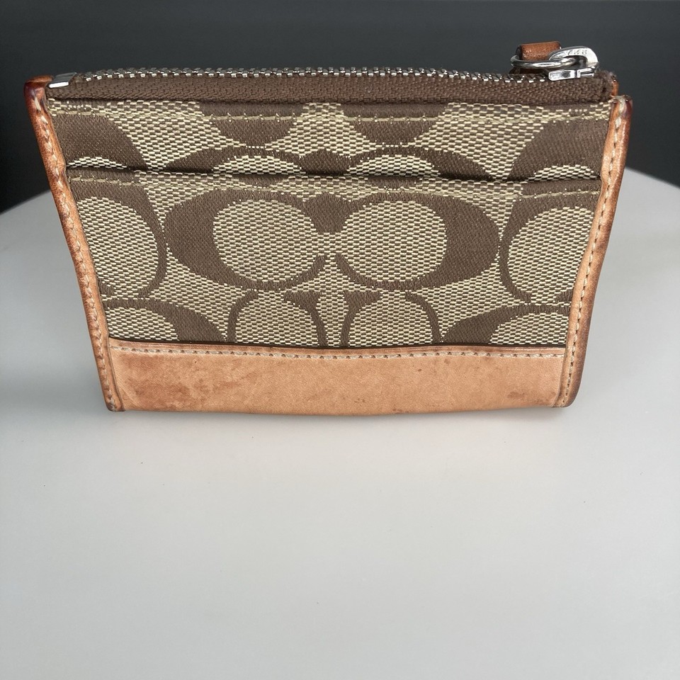 Coach Zip Card ID Holder Mini Wallet Keychain Signature Fabric with Tan ...