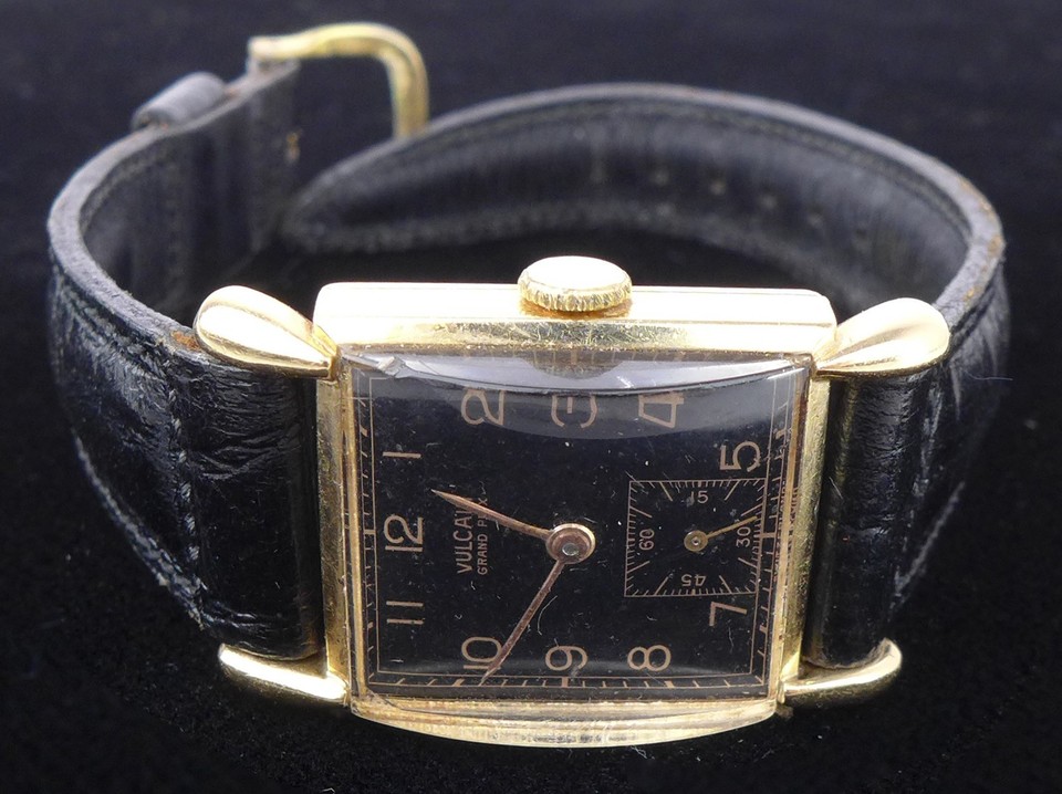 Vulcain black curved square face watch 1940's gold Grand Prix duo w ...