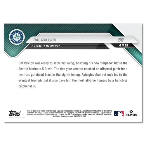 2025 Topps Now 59 Cal Raleigh Seattle Mariners All-Time Team HR Record ...