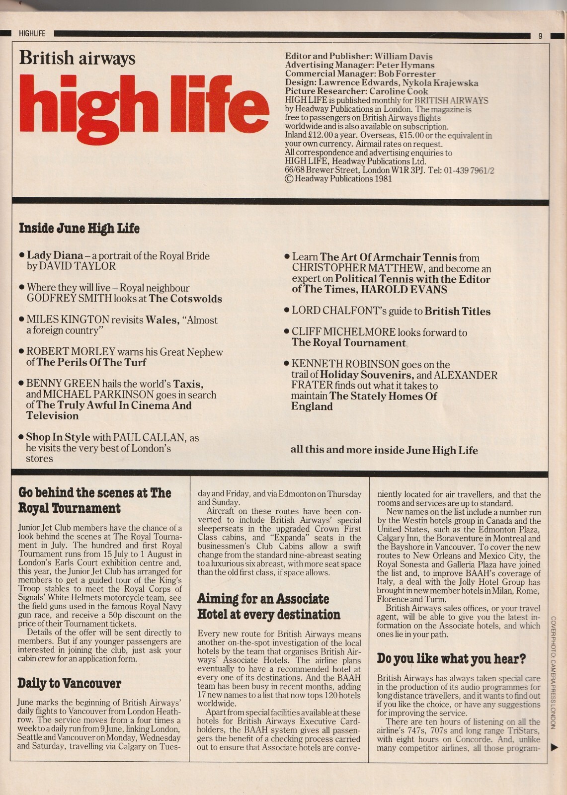 British Airways High Life Magazine June 1981 Lady Diana Prince Charles ...