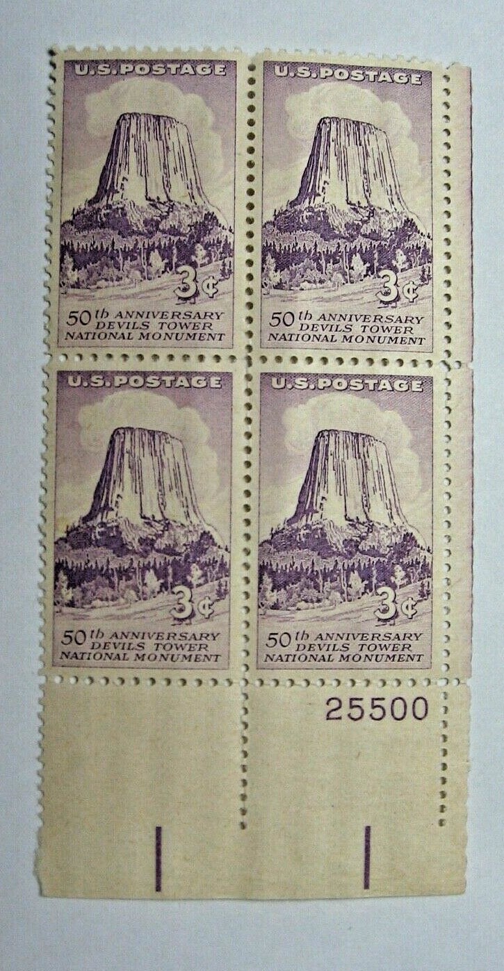 1956 50th Anniversary Devil's Tower Park 3 Cent U.S. Block of 4 Stamps ...