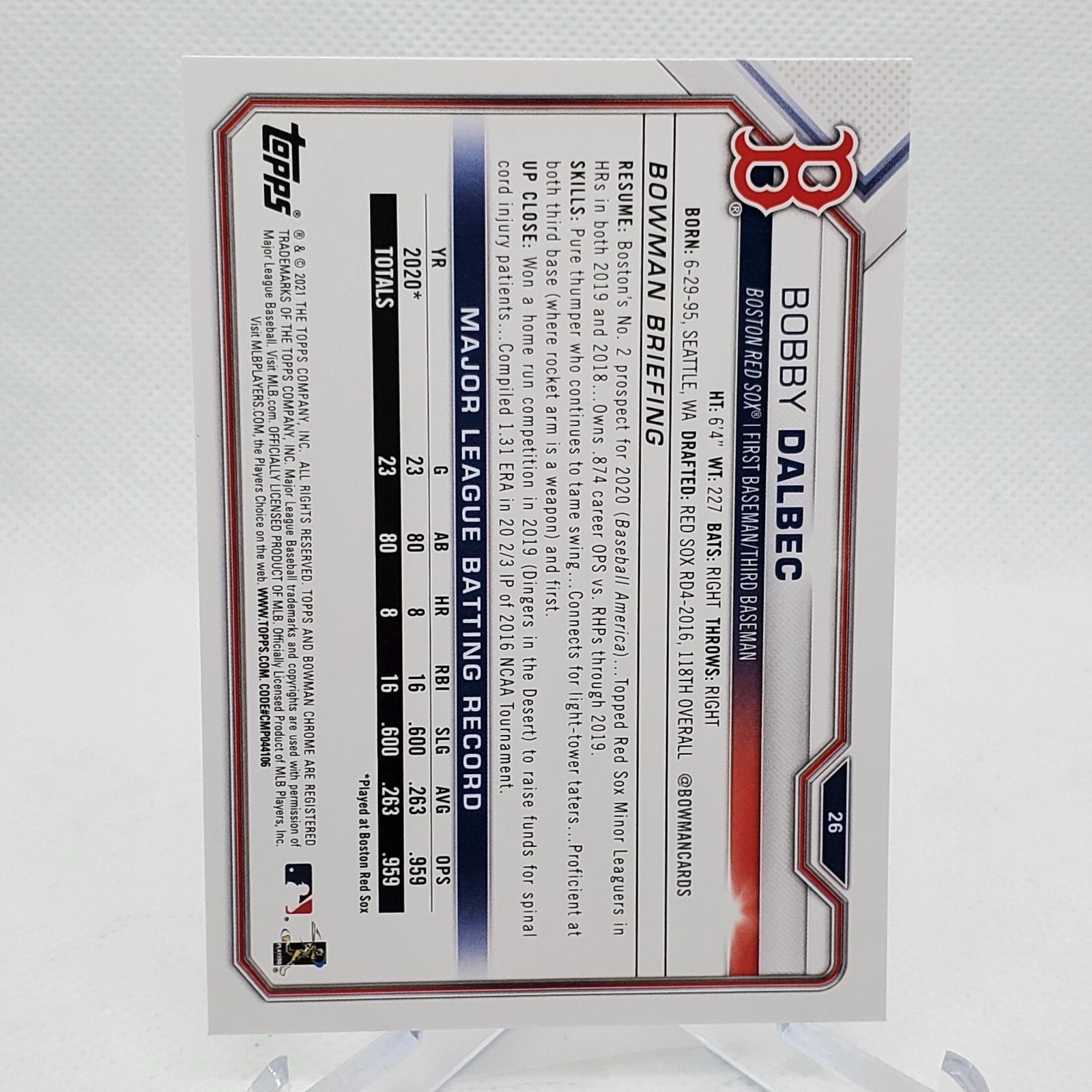 2021 Bowman Baseball - Bobby Dalbec RC Rookie #26 Boston Red Sox - NM ...