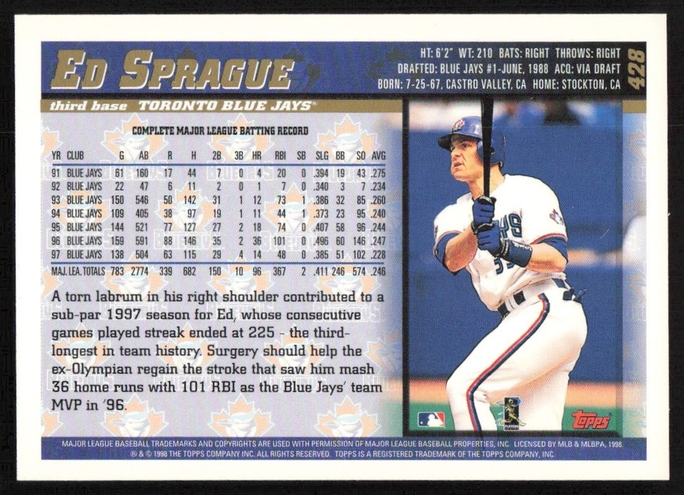 1998 Topps Baseball Ed Sprague #428 Toronto Blue Jays | eBay