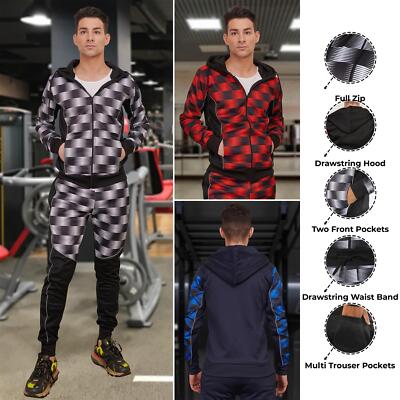 Men's Tracksuit Set Check Print Zip Up Hoodie Top Bottom Casual Gym ...