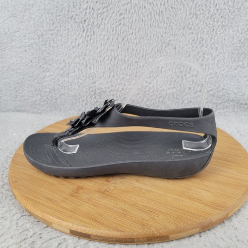 CROCS Serena Embellished Flower Iconic Footbed T Strap Sandals Black ...