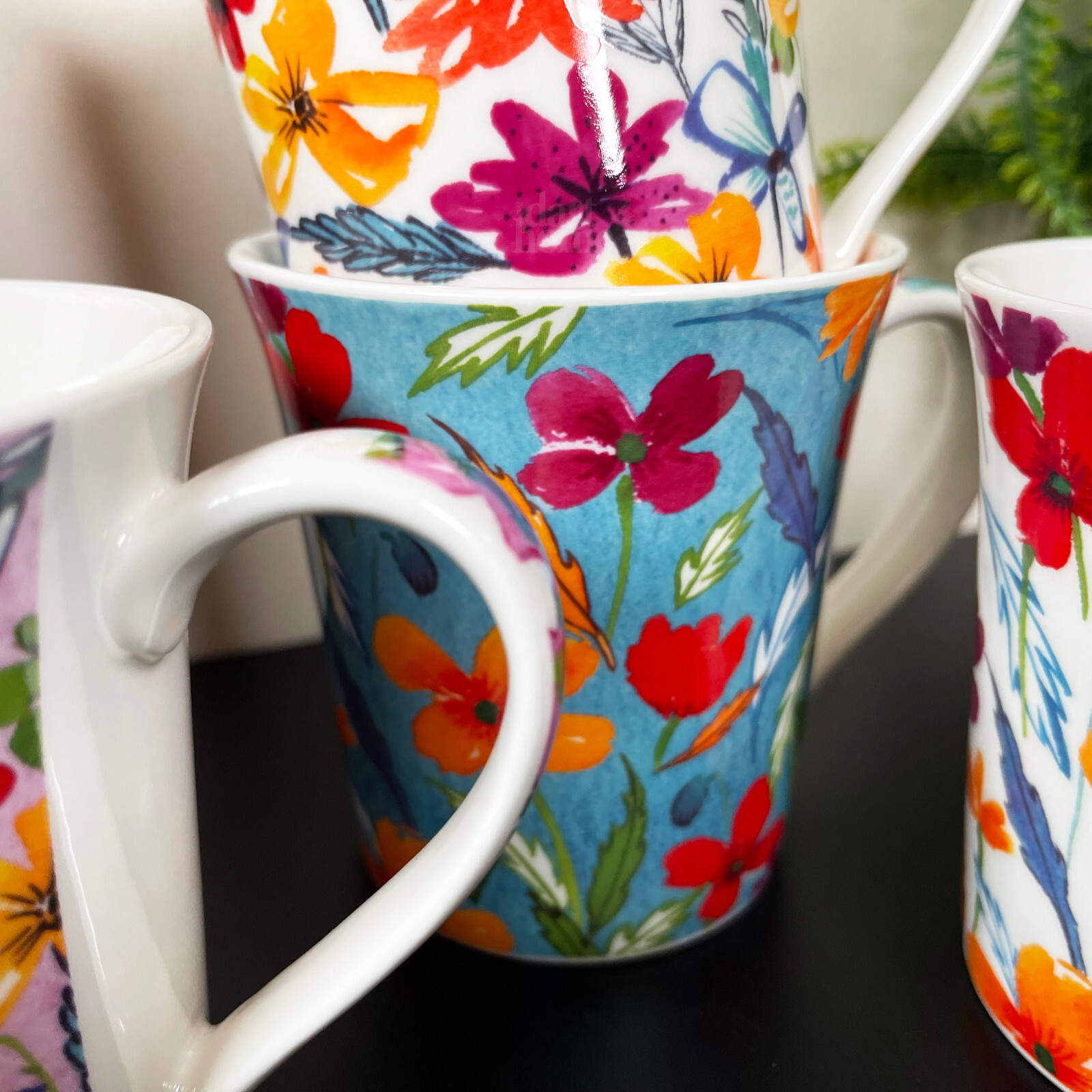 Full Floral Bloom 380ml Mugs Set Of 4 Bone China Colourful Flowers ...