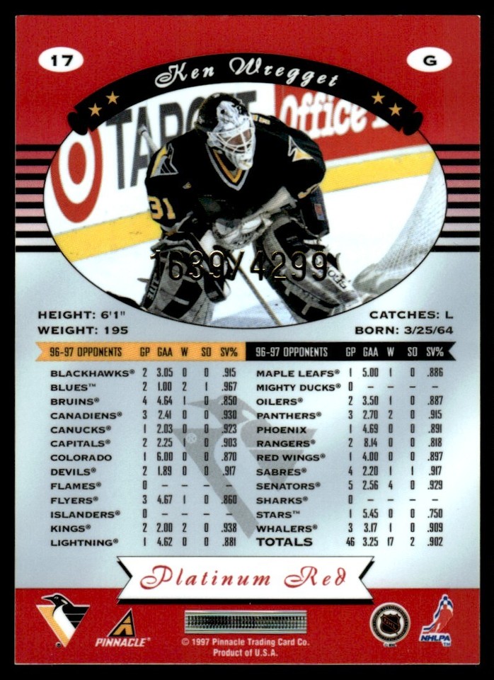 1997-98 Pinnacle Certified RED KEN WREGGET /4299 | eBay