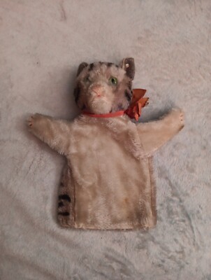 Vintage Steiff Hand Puppet Tabby Cat 50's 60's German Mohair Green Eyes ...