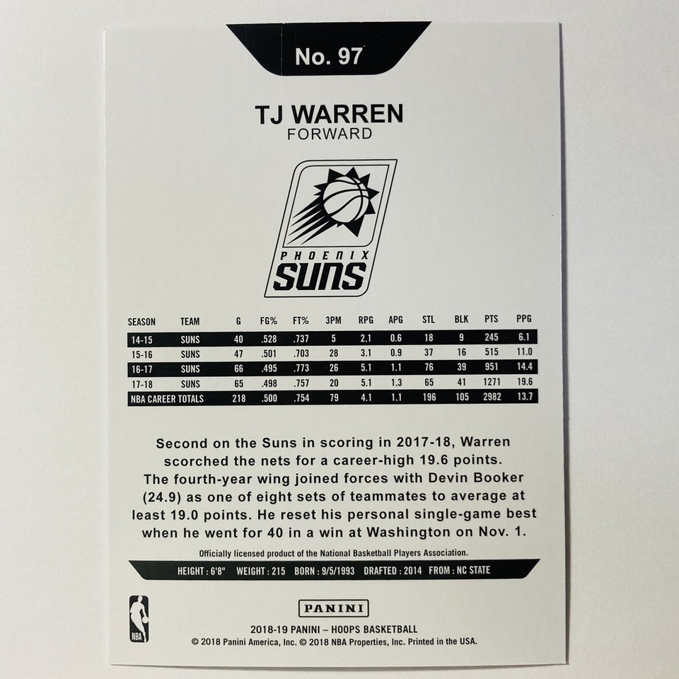 2018 Hoops TJ Warren #97 Phoenix Suns Basketball Card Tc3 | eBay