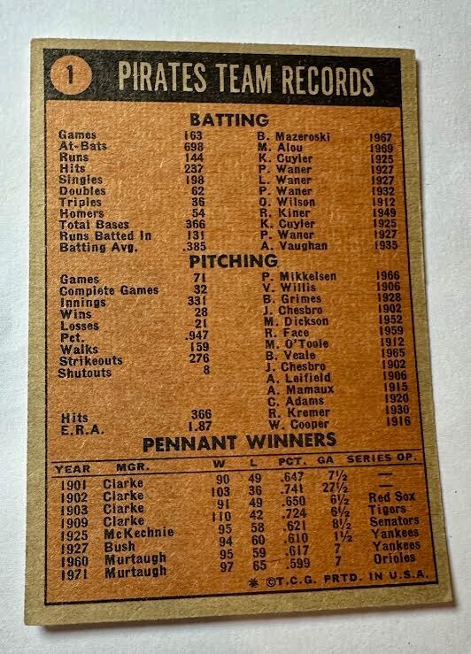 1972 Topps # 1 Pittsburgh Pirates World Champions Team Photo EX-NM | eBay