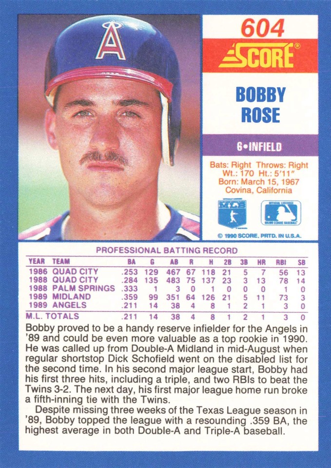 Bobby Rose 1990 Score #604 California Angels | eBay