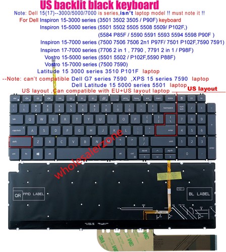 US backlit Keyboard for Dell Inspiron 15-7506 P97F 7501 7591 17-7706/ ...