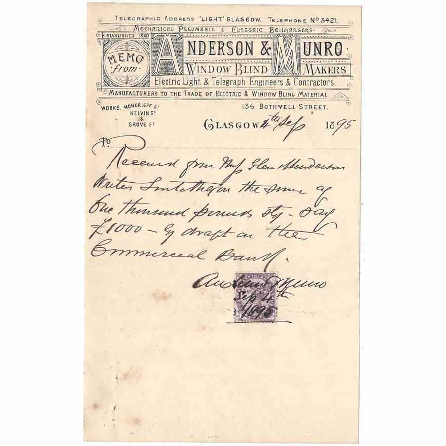 GLASGOW 1895 Billhead, Anderson & Munro, Electric Light Contractors ...