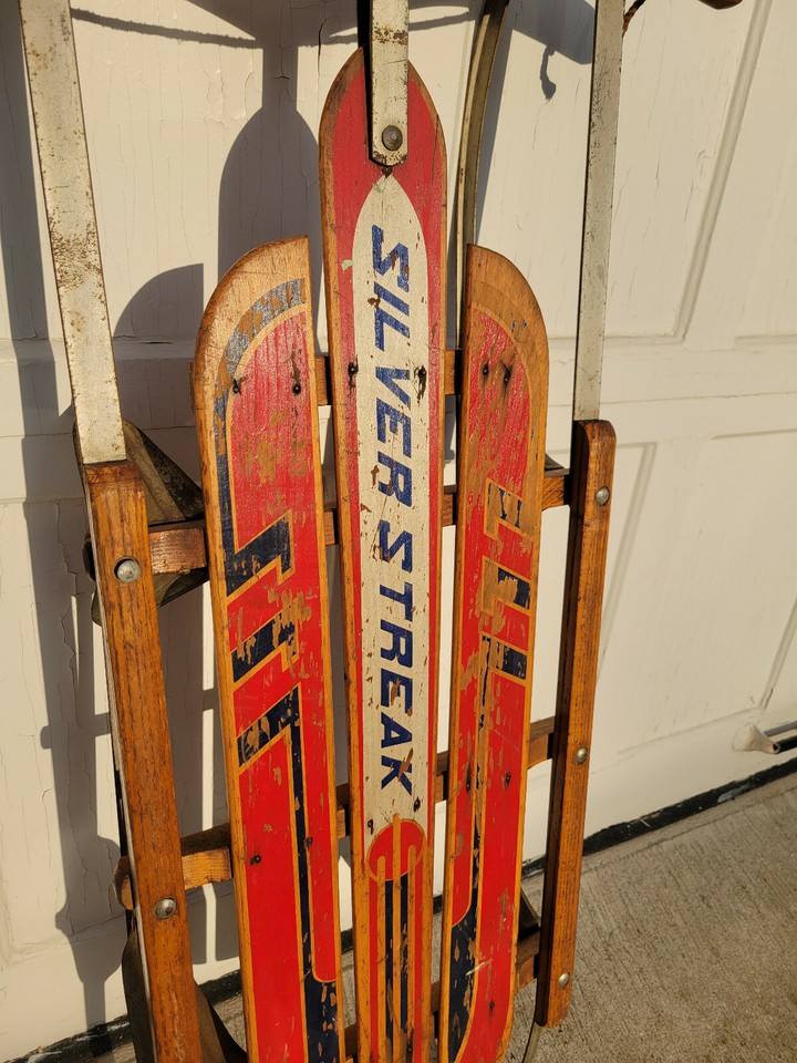 Vtg. 50's "Silver Streak" Wooden Snow sled USA-made by Garton, All ...