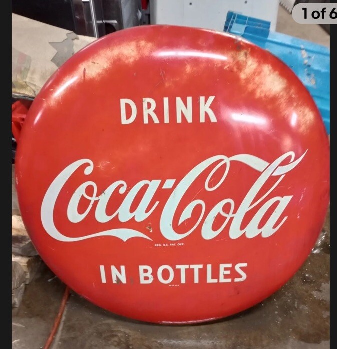 COCA-COLA 36” Coke BUTTON SIGN C1950 ORIGINAL METAL Advertising Merch ...