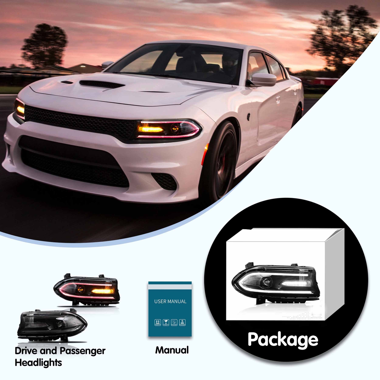 VLAND LED DRL RGB Projector Halo Headlights For Dodge Charger SRT GT ...