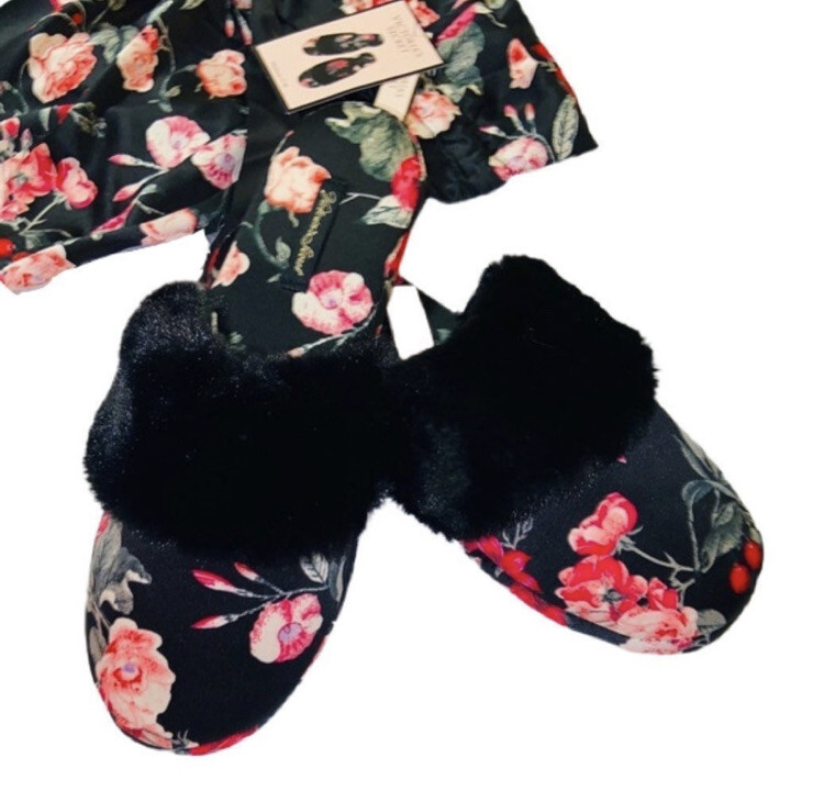 Victorias Secret Satin Floral Faux Fur Cozy Slides Slippers With Satin ...