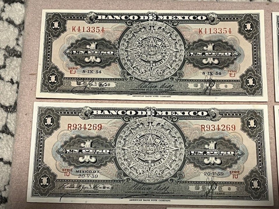 Aztec Calendar Mexico 1 Peso Banknote 1959 1954 1945 Consecutive Bills ...