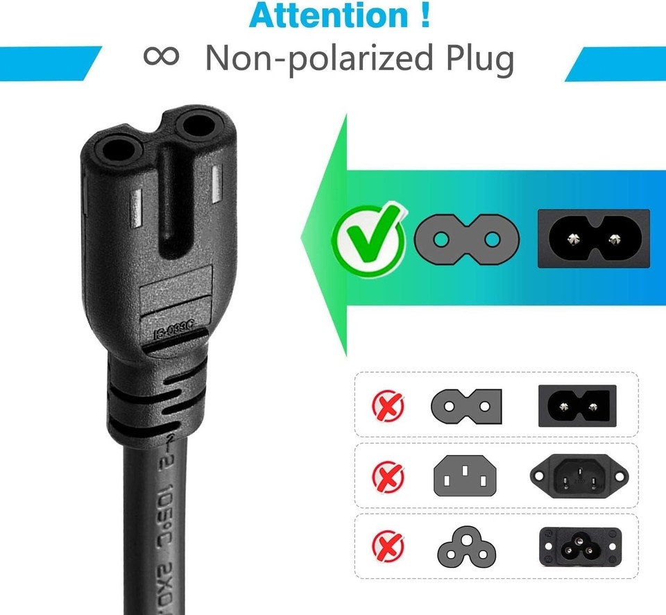 10ft 2-Prong AC Wall Power Cord Cable for TV Philips Panasonic Samsung ...