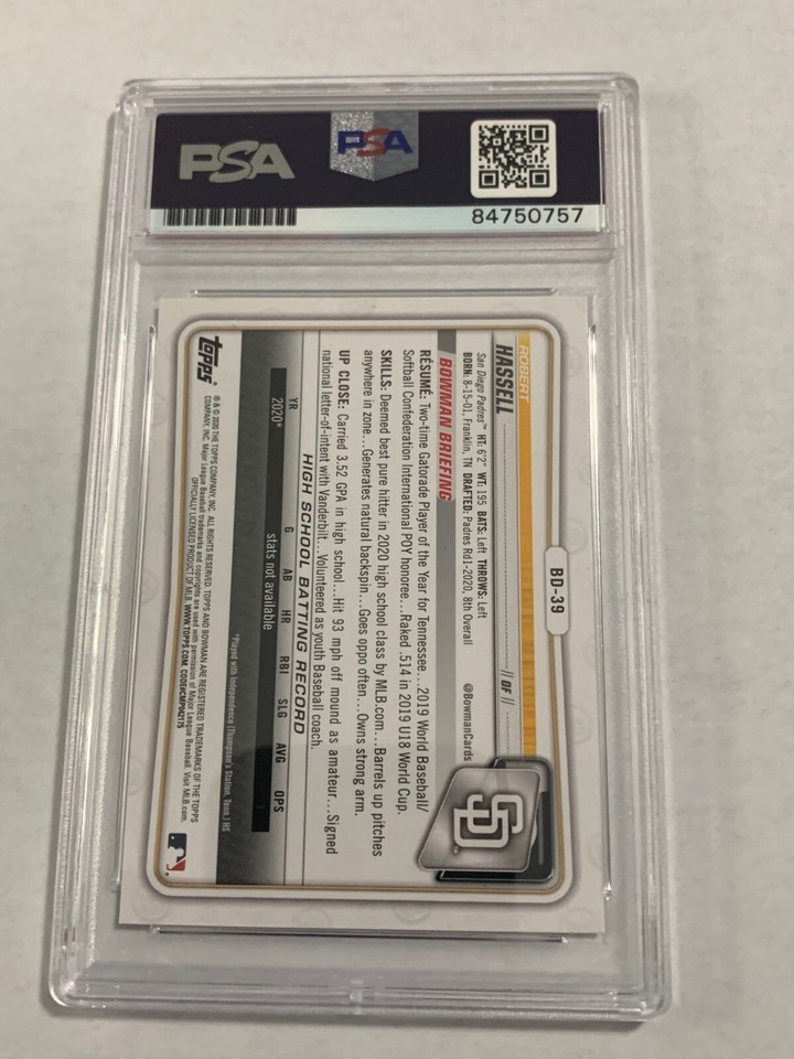 Robert Hassell autograph signed 2020 1st Bowman baseball card PSA SLAB ...