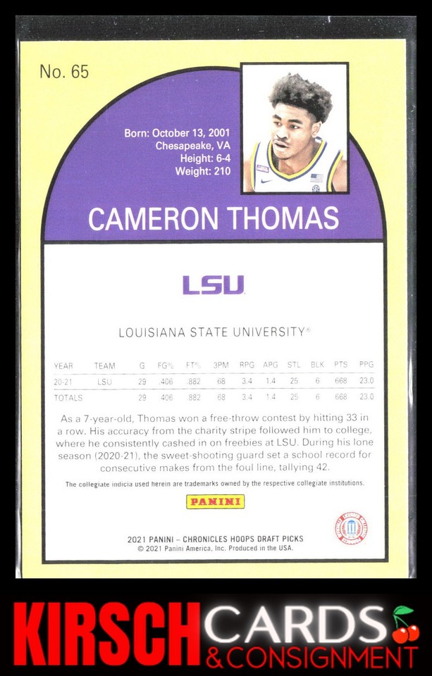 Cameron Thomas 2021 Panini Chronicles Draft Picks #65 LSU Tigers | eBay