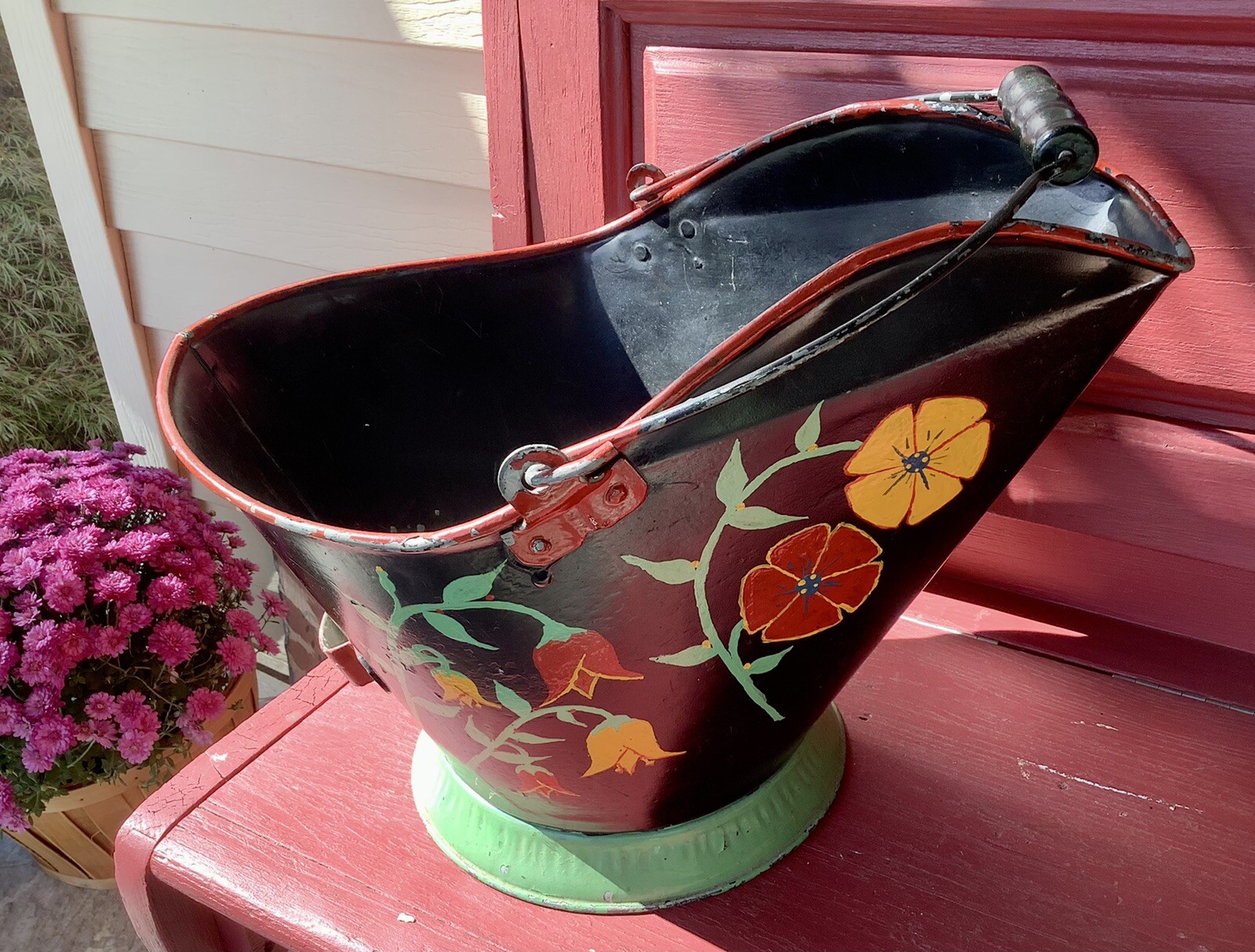 Vintage Galvanized Hand Painted Floral Coal Scuttle Bucket | eBay