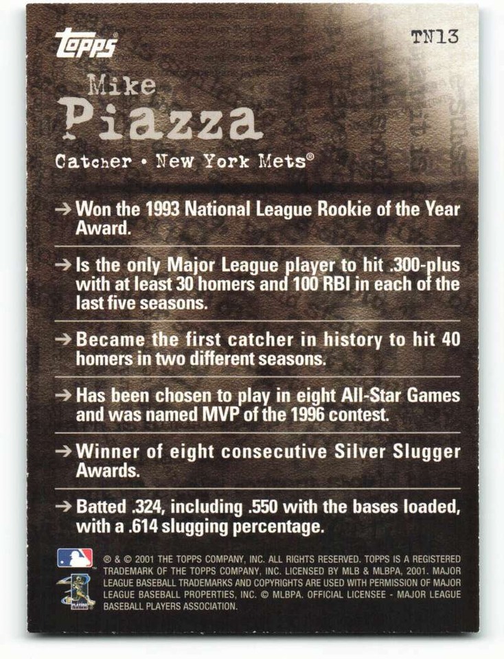 2001 Topps Noteworthy #TN13 Mike Piazza NM-MT Mets | eBay