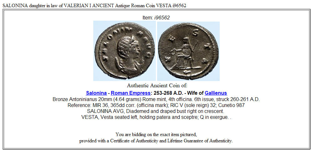 SALONINA daughter in law of VALERIAN I ANCIENT Antique Roman Coin VESTA ...