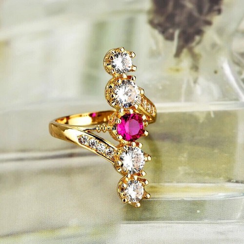 3CT Round Cut Lab Created Pink Ruby Women Engagement Ring 14K Yellow ...