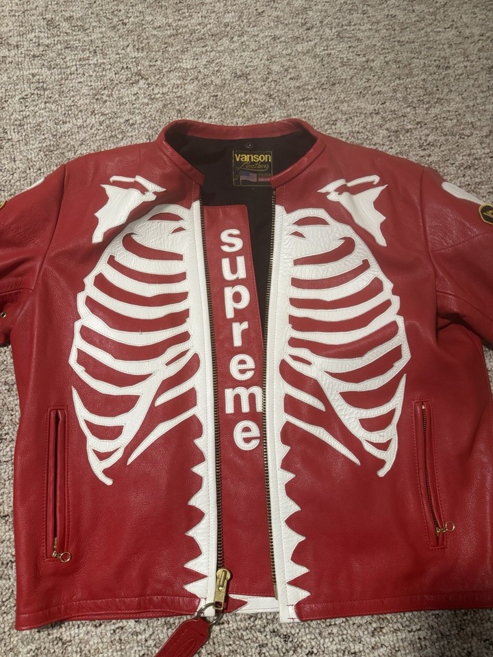 Supreme 2017 Vanson Black Men Leather Skeleton Bones Motorcycle Jacket ...