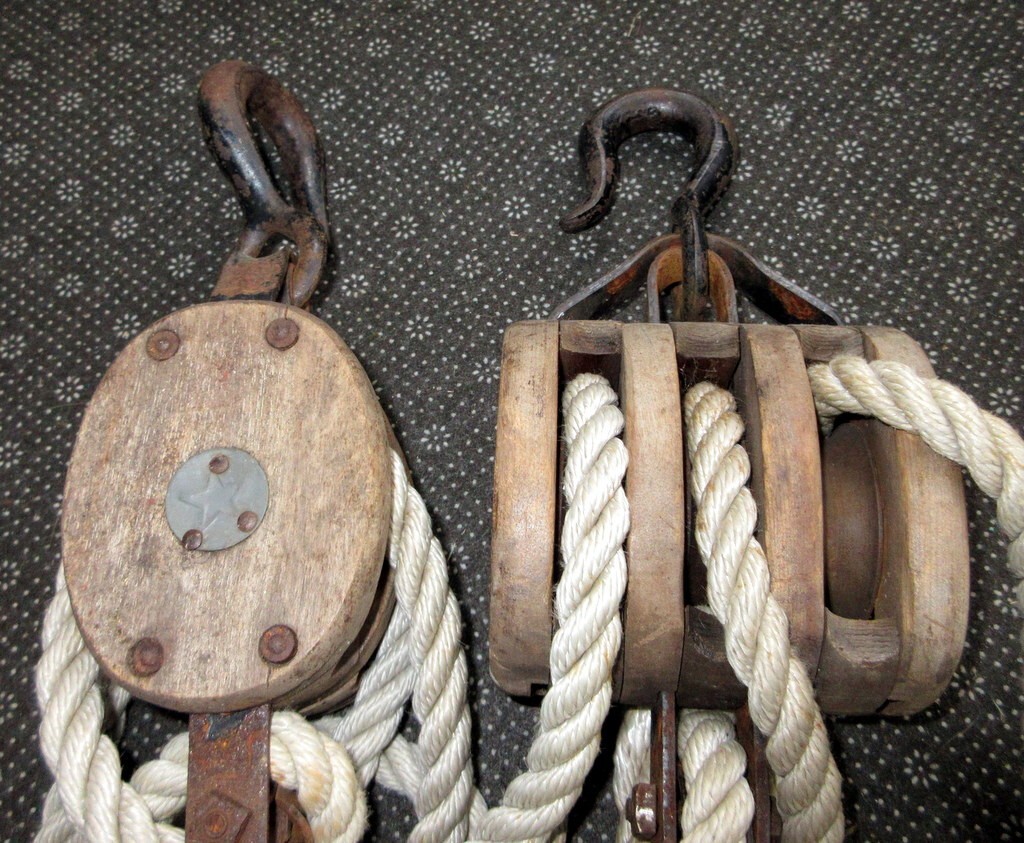 Antique 2 Block & Tackle Pulleys W/Rope, Star, Wood, Iron, Nautical ...