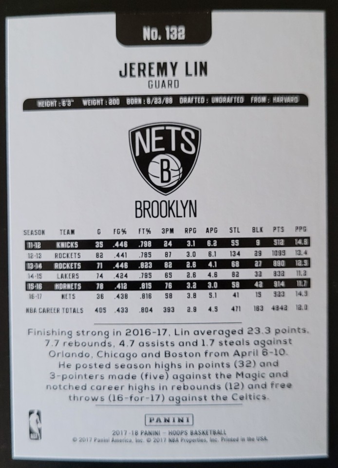 Panini 2017-18 Jeremy Lin NBA Hoops Basketball #132 Brooklyn Nets | eBay