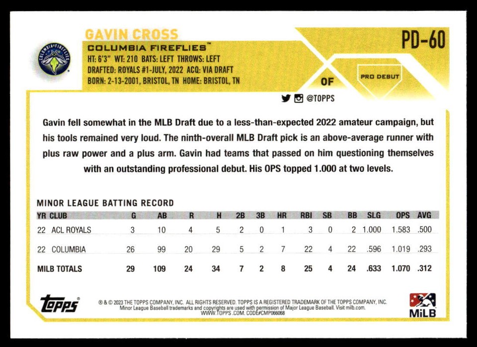 2023 Topps Pro Debut PD60 Gavin Cross Columbia Fireflies Baseball Card ...