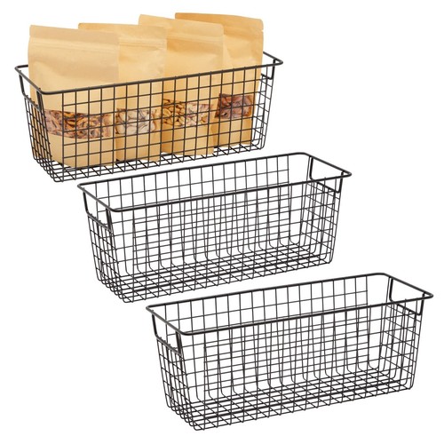 3 Pack Storage Baskets Black Wire Pantry Metal For Shelves Closet Long ...