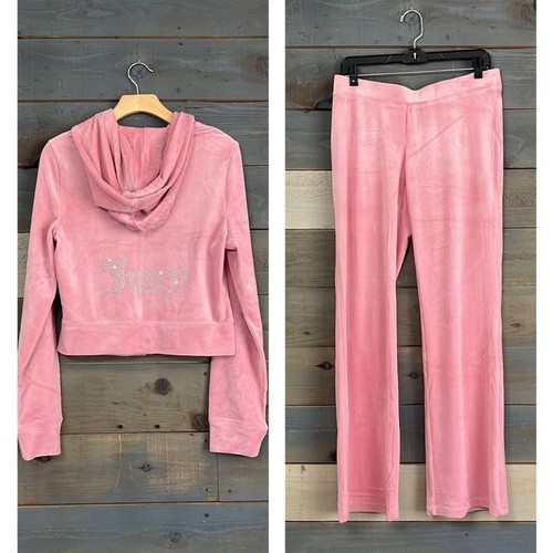 Juicy Couture Velour Bling 2pc Matching Tracksuit Pink Zip Up Hoodie ...