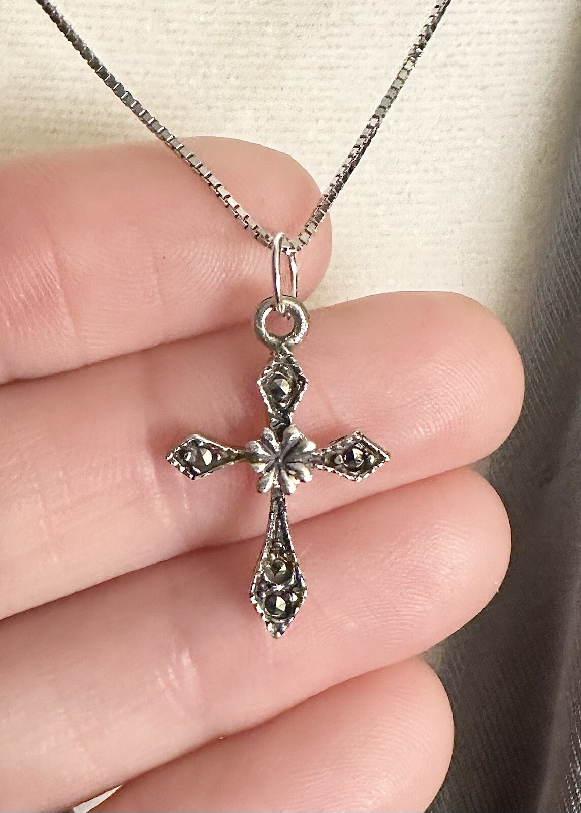 Beautiful Marcasite Cross 925 Sterling Silver Necklac… - Gem