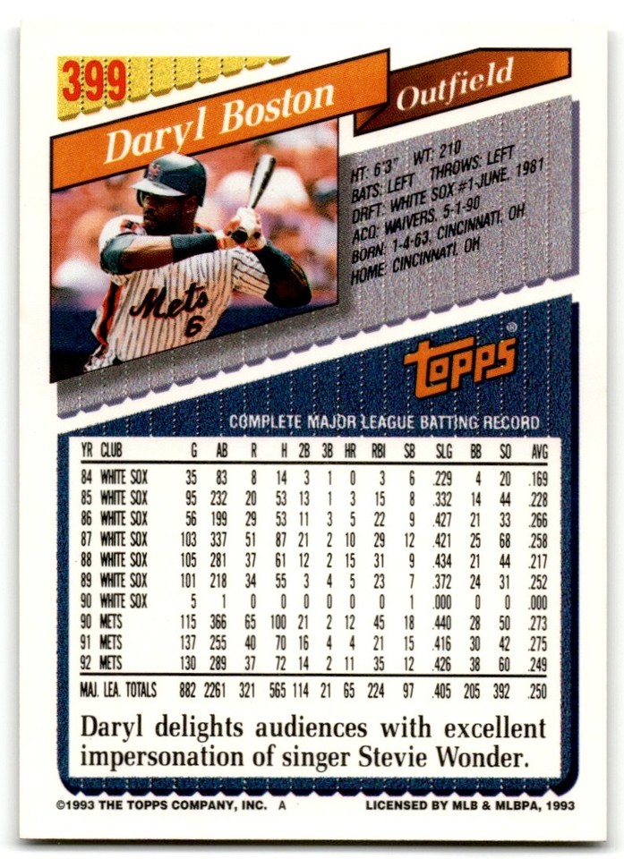 1993 Topps Gold Daryl Boston New York Mets #399 | eBay