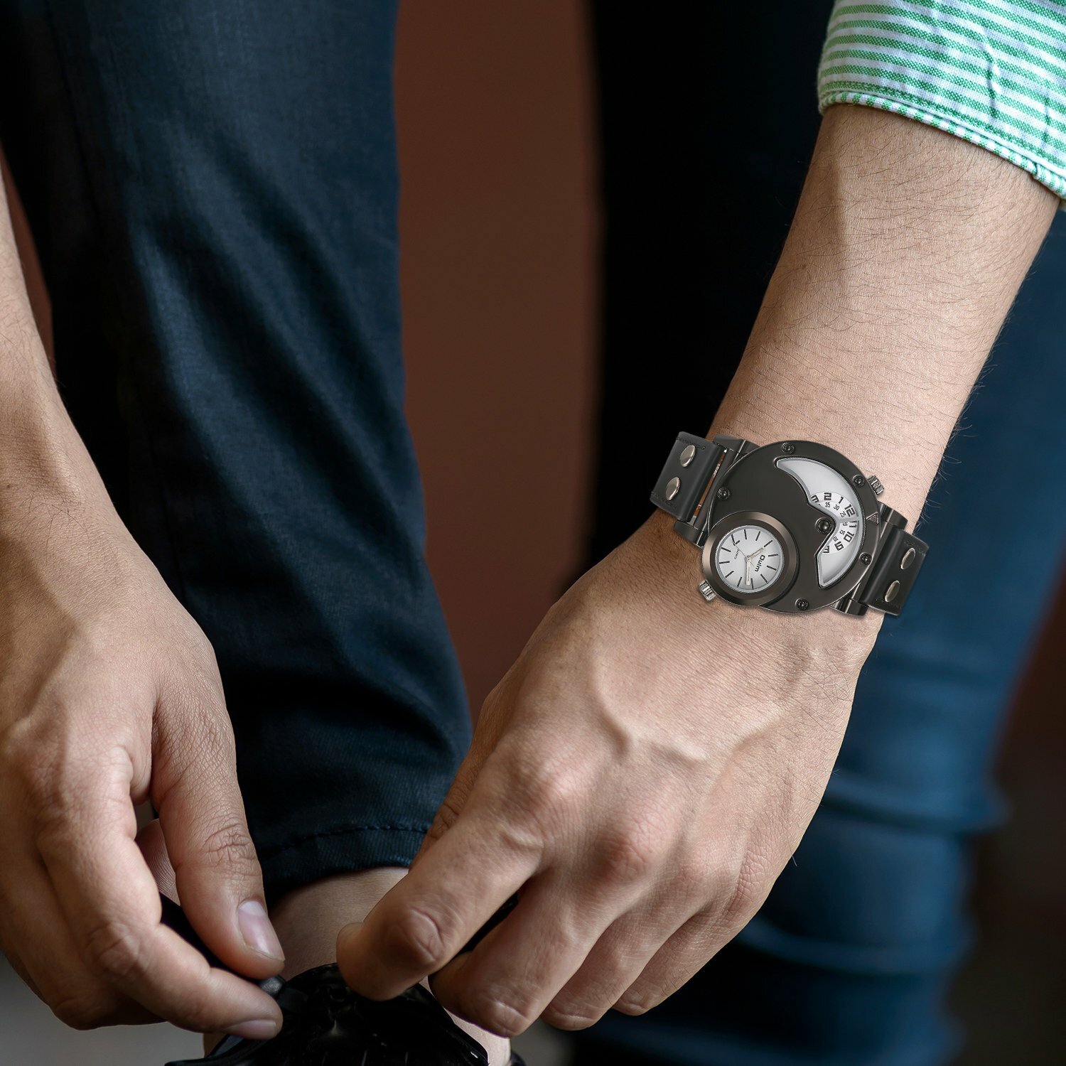 Luxury Mens Watch Big Dial Dual Time Zone Leather Band Analog Quartz ...