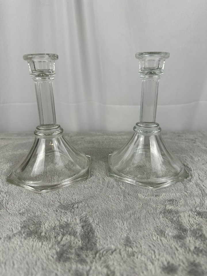 2 Home Interiors Clear Glass Column Design Taper Candle Holders 6" | eBay